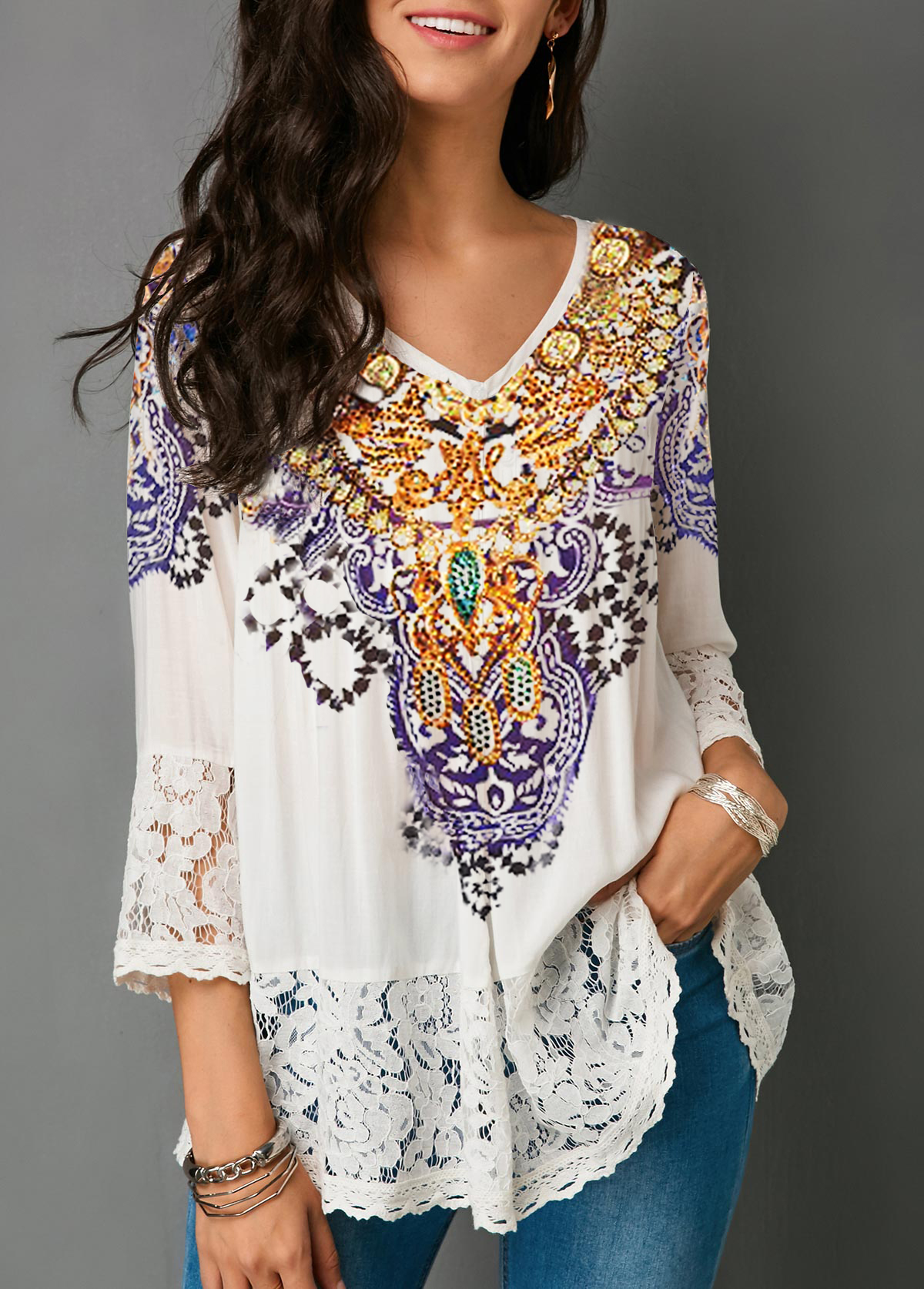 Lace Patchwork Three Quarter Sleeve Blouse | Rotita.com - USD $30.10