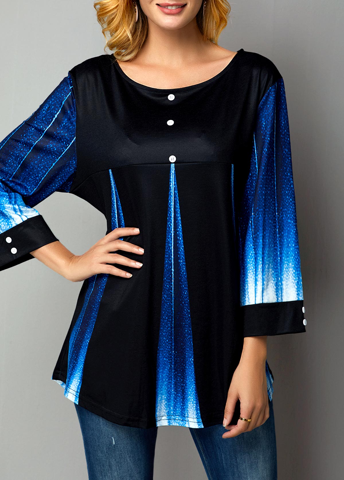 ROTITA Gradient Button Detail Printed Round Neck T Shirt | Rotita.com ...