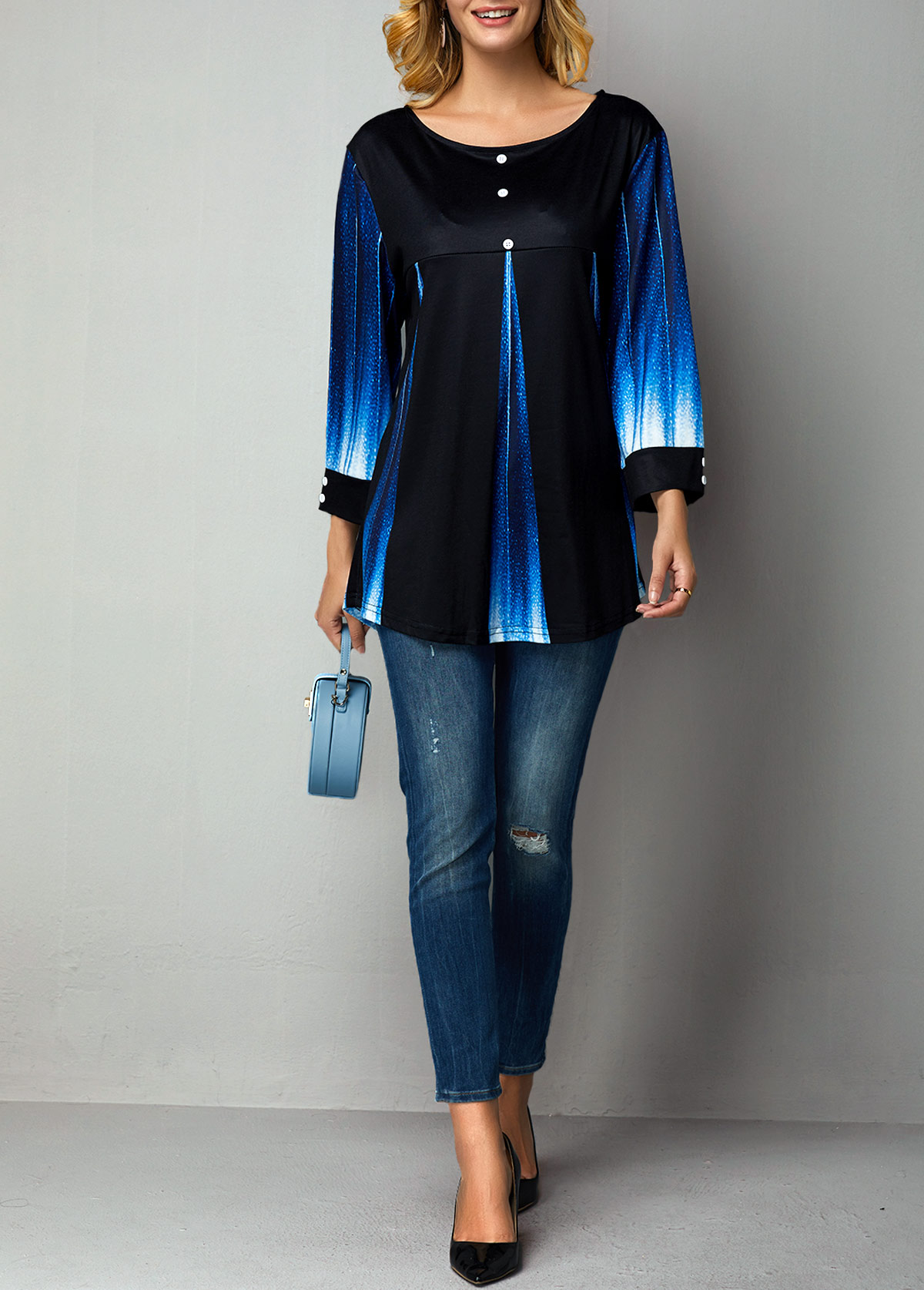 ROTITA Gradient Button Detail Printed Round Neck T Shirt | Rotita.com ...