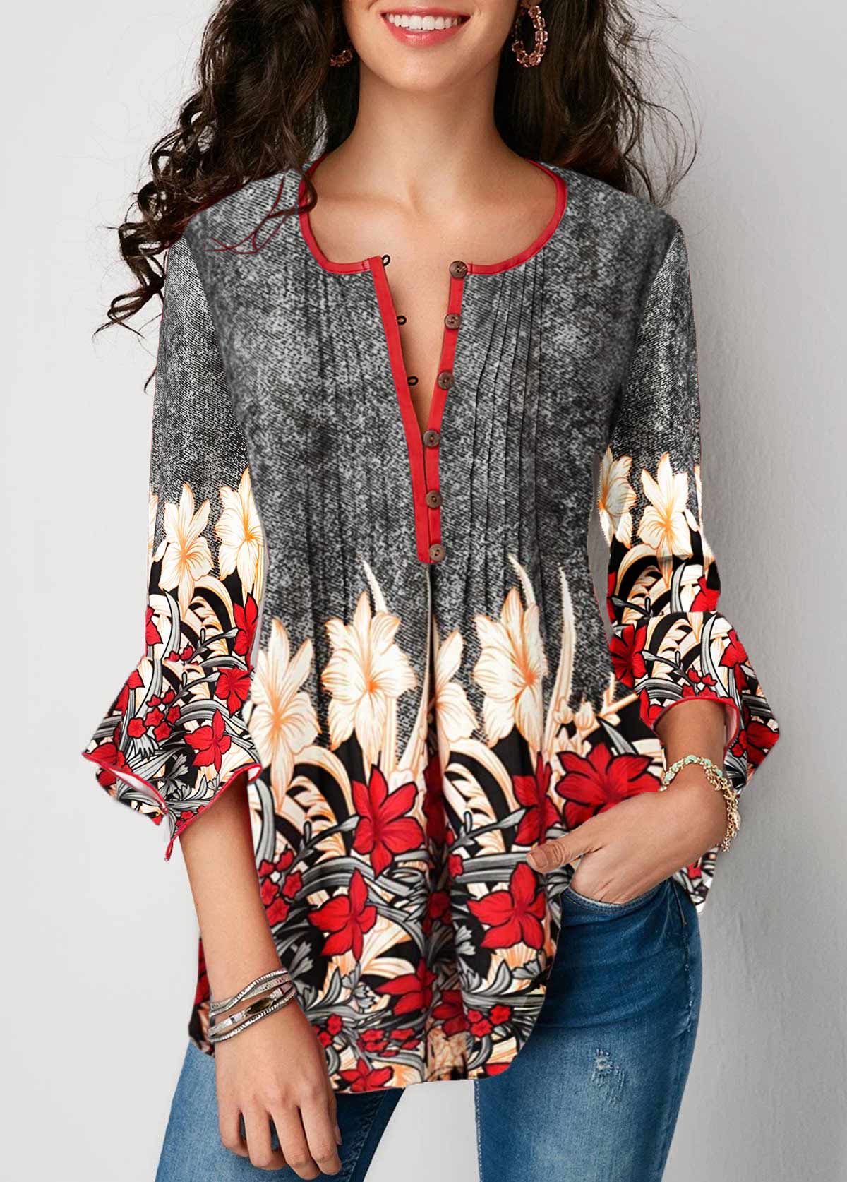 ROTITA Printed Button Up Pleated Three Quarter Sleeve Blouse | Rotita ...