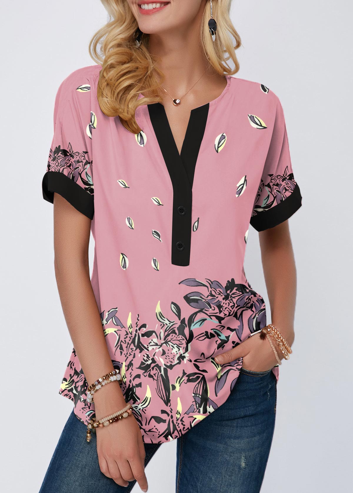 ROTITA Floral Print Contrast Piping Notch Neck T Shirt | Rotita.com ...