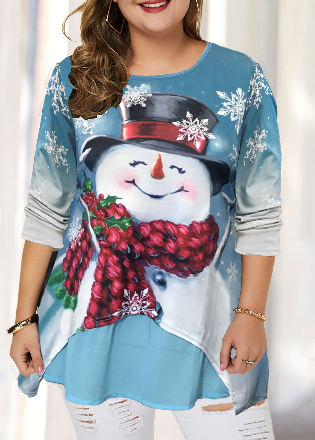 Rotita Plus Size Christmas Print Long Sleeve T Shirt Usd