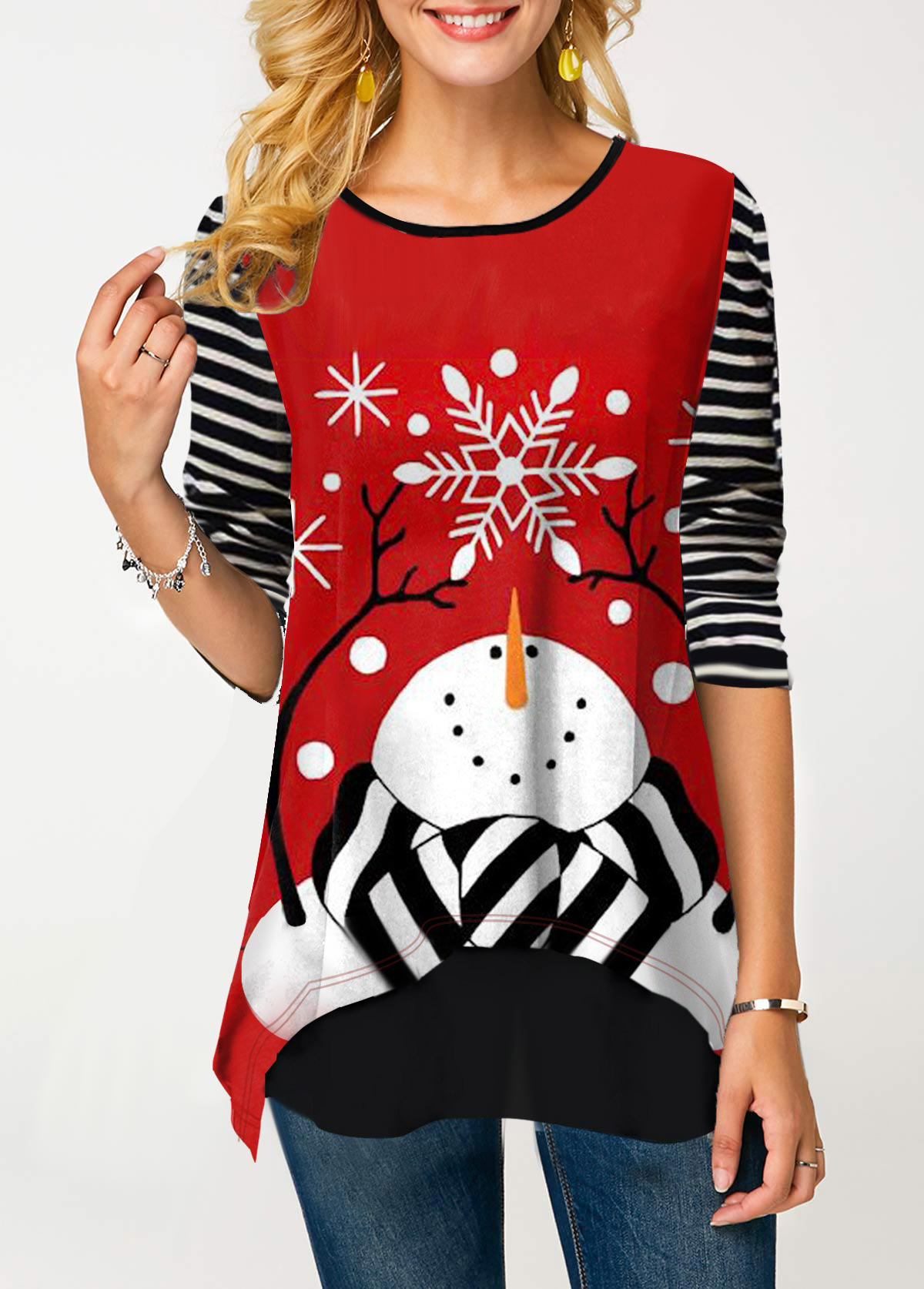 Rotita Christmas Print Long Sleeve Round Neck T Shirt
