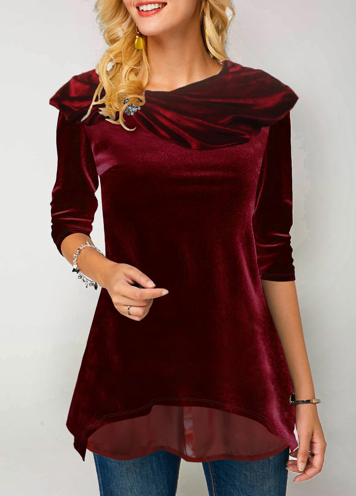 ROTITA Layered Hem Rhinestone Embellished Wine Red T Shirt | Rotita.com ...