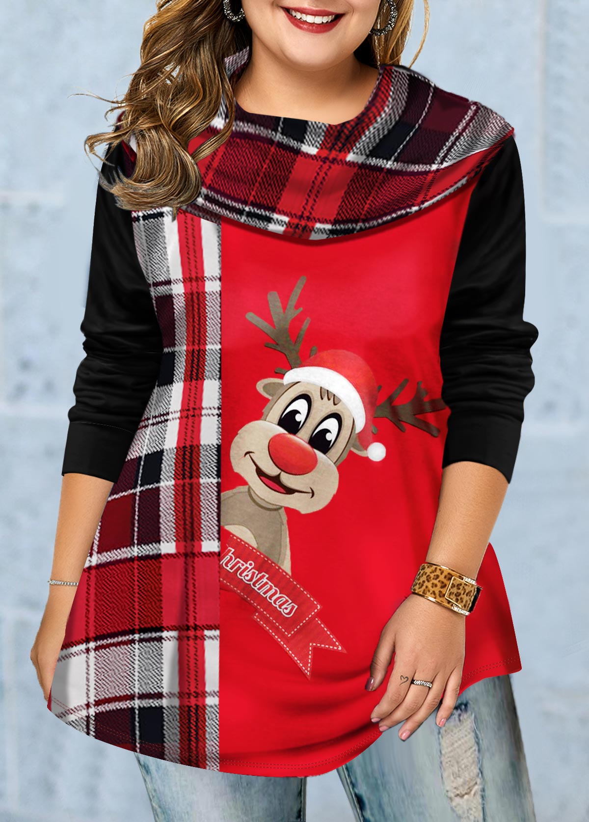 Rotita Plus Size Long Sleeve Christmas Elk Print Tunic Top