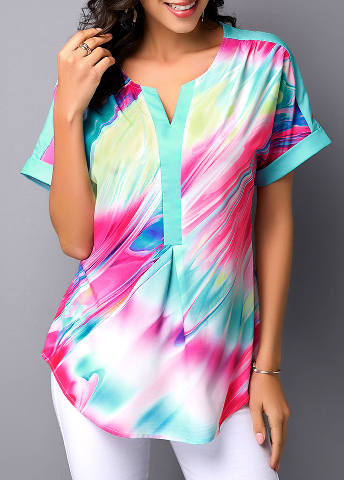 ROTITA Dazzle Color Curved Hem Notch Neck Blouse | Rotita.com - USD $18.99