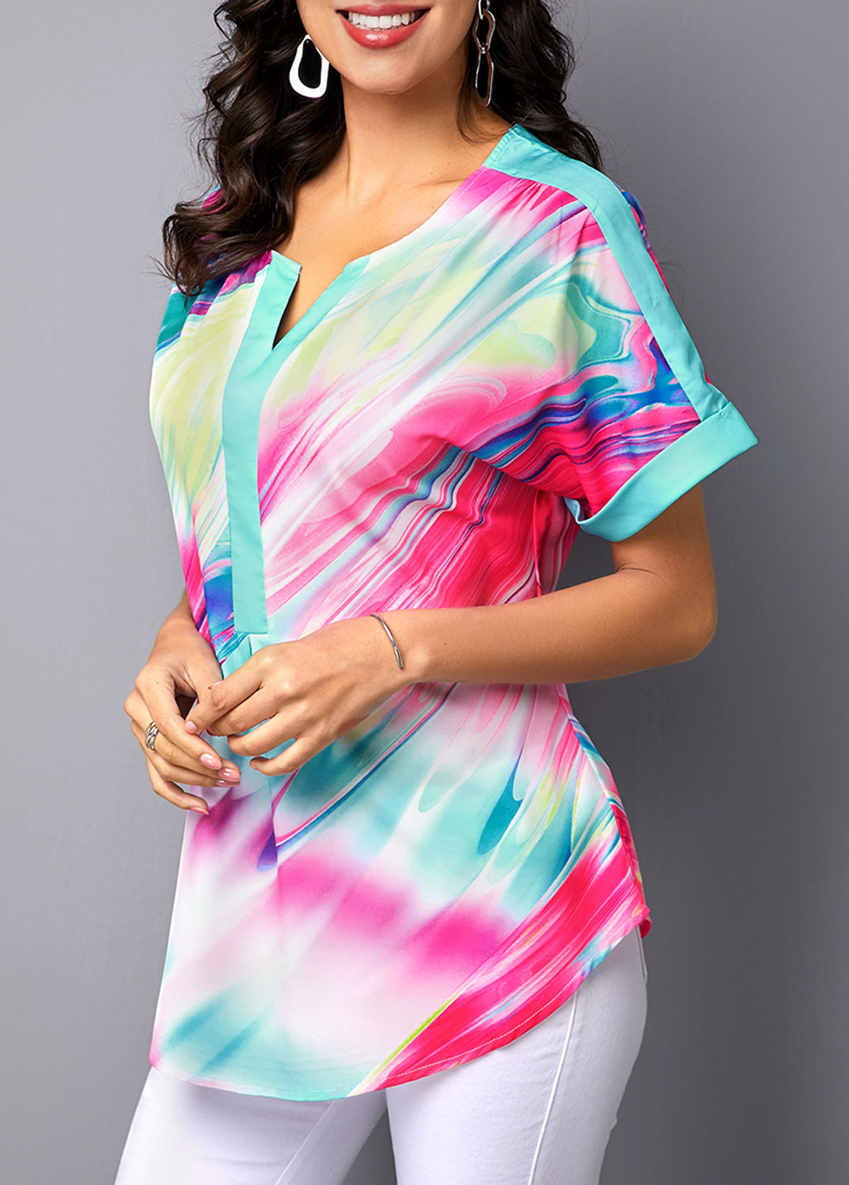 ROTITA Dazzle Color Curved Hem Notch Neck Blouse | Rotita.com - USD $18.99