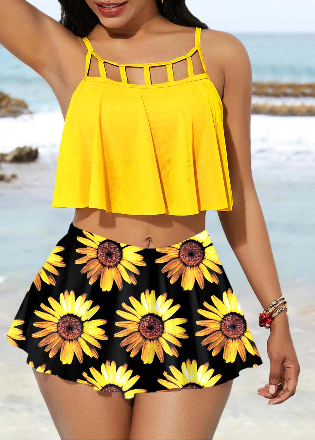 ROTITA Sunflower Print High Waisted Spaghetti Strap Bikini Set | Rotita ... ROTITA Sunflower Print High Waisted Spaghetti Strap Bikini Set | Rotita ...
