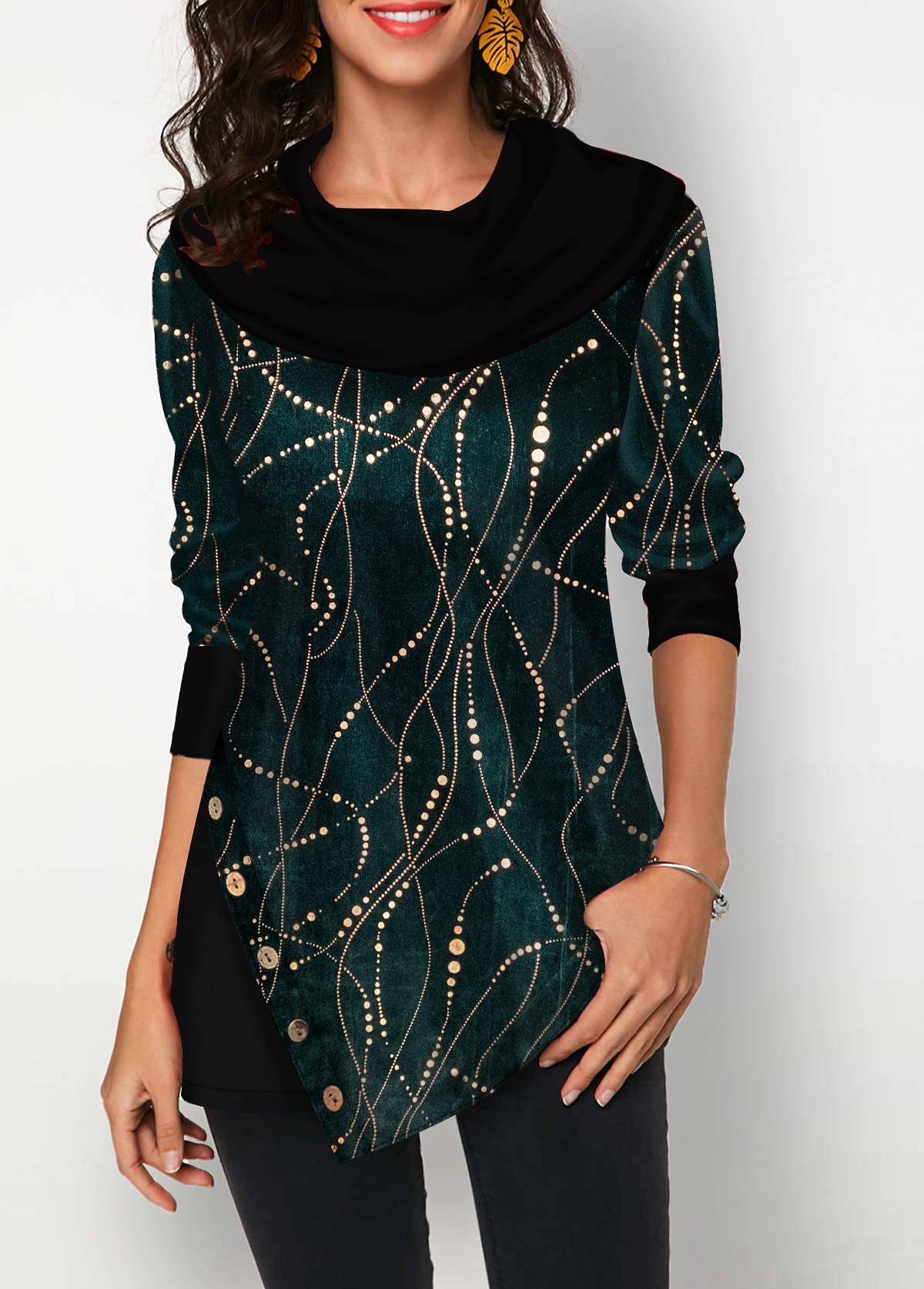 ROTITA Decorative Button Hot Stamping Velvet T Shirt | Rotita.com - USD ...