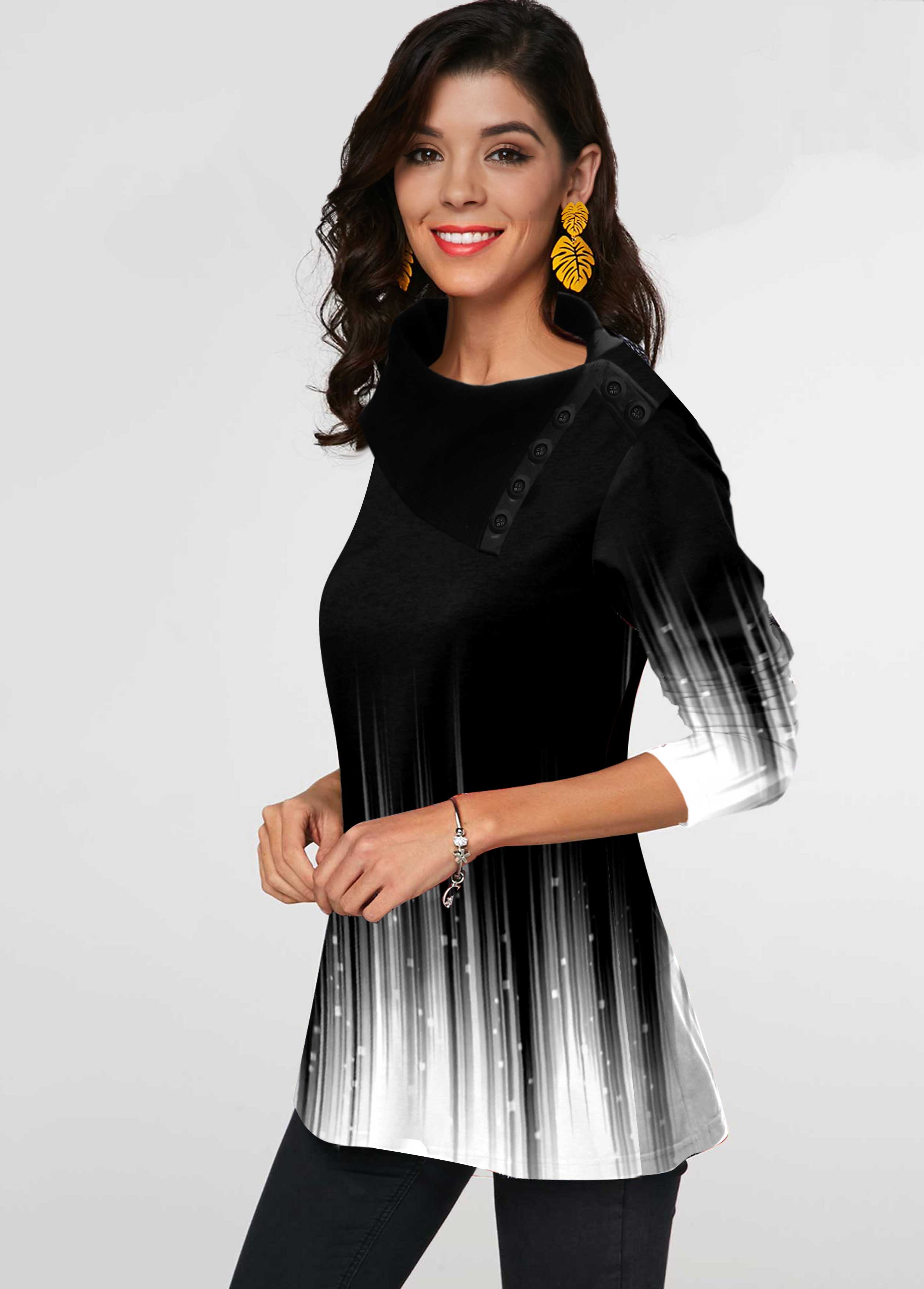 ROTITA Decorative Button Ombre White Asymmetrical Neck T Shirt | Rotita ...