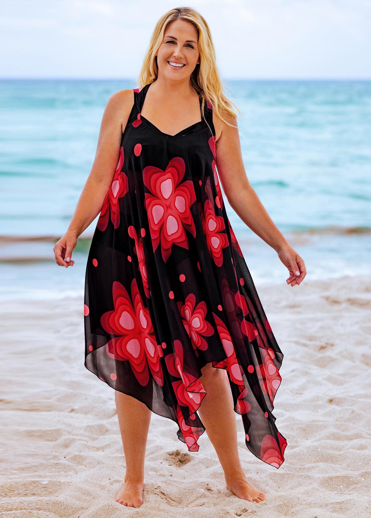 Rotita Chiffon Asymmetric Hem Plus Size Printed Cover Up