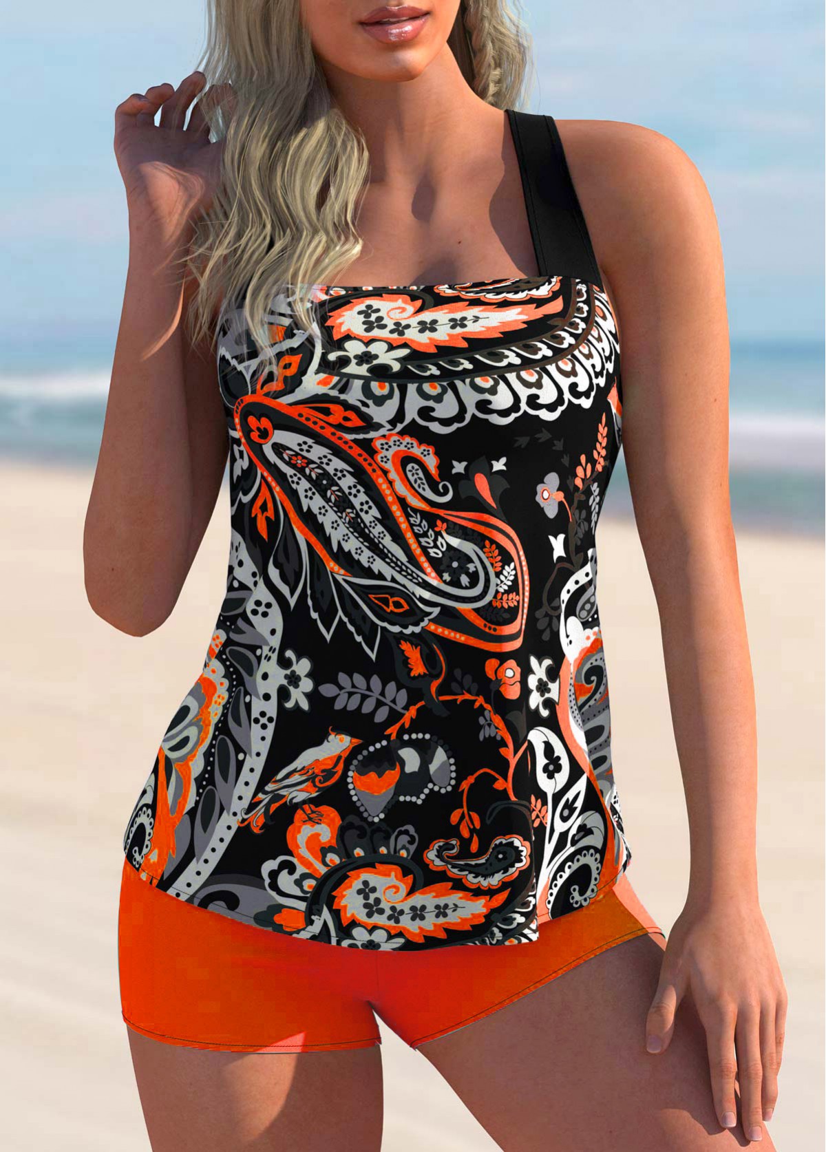 Rotita Criss Cross Back Paisley Print Wide Strap Tankini Set Rotita