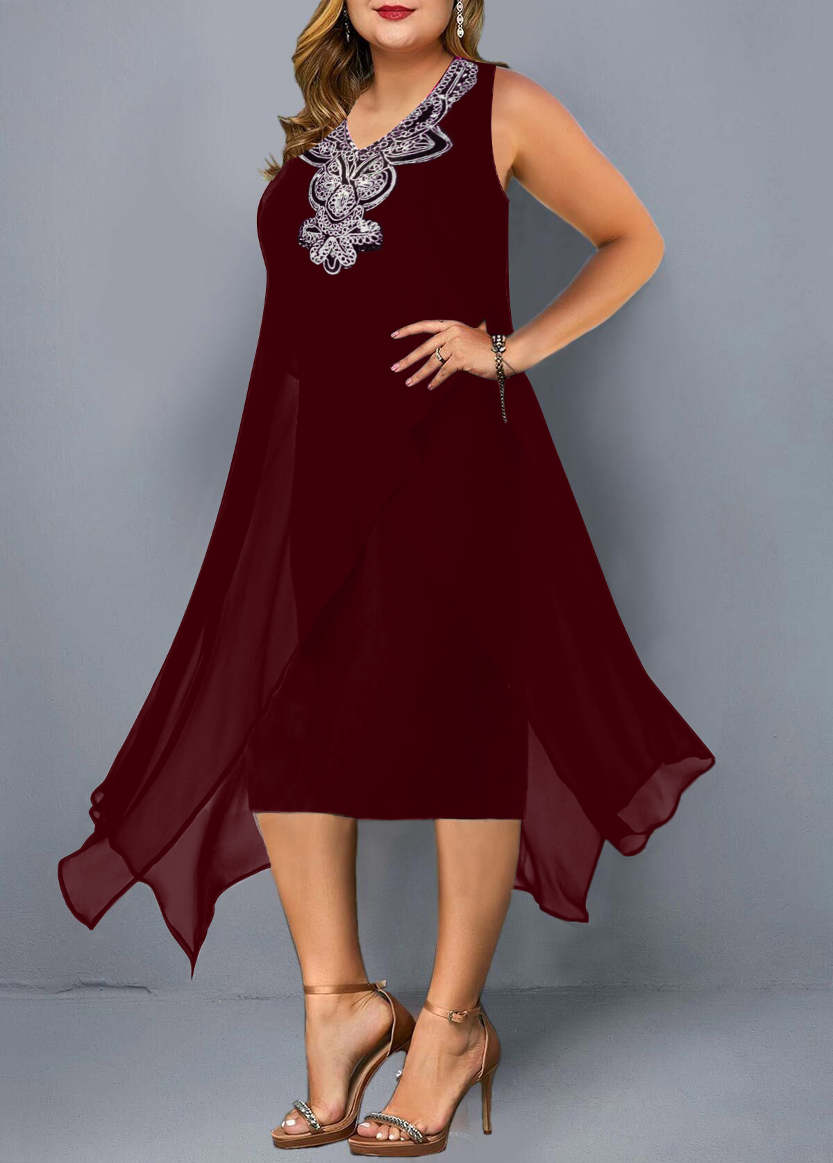 Rotita Sleeveless Embellished Neck Asymmetric Hem Plus Size Dress