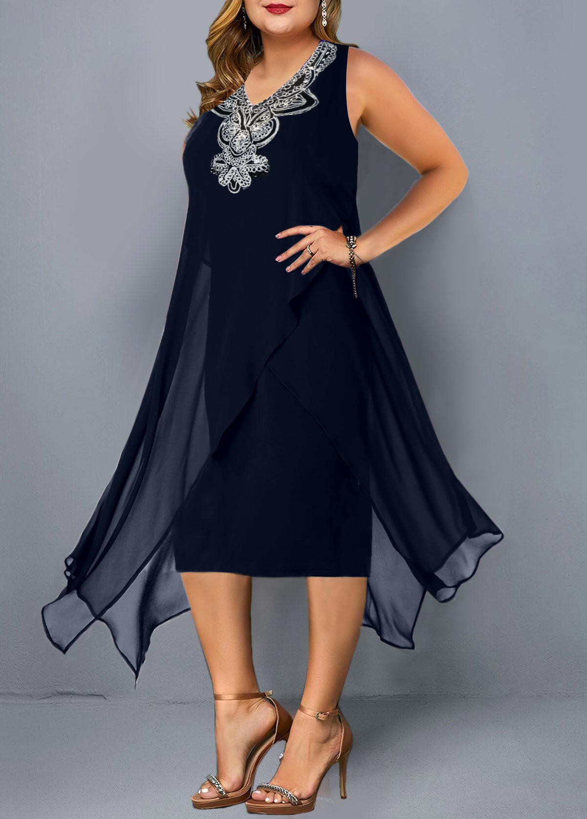 ROTITA Sleeveless Embellished Neck Asymmetric Hem Plus Size Dress ...