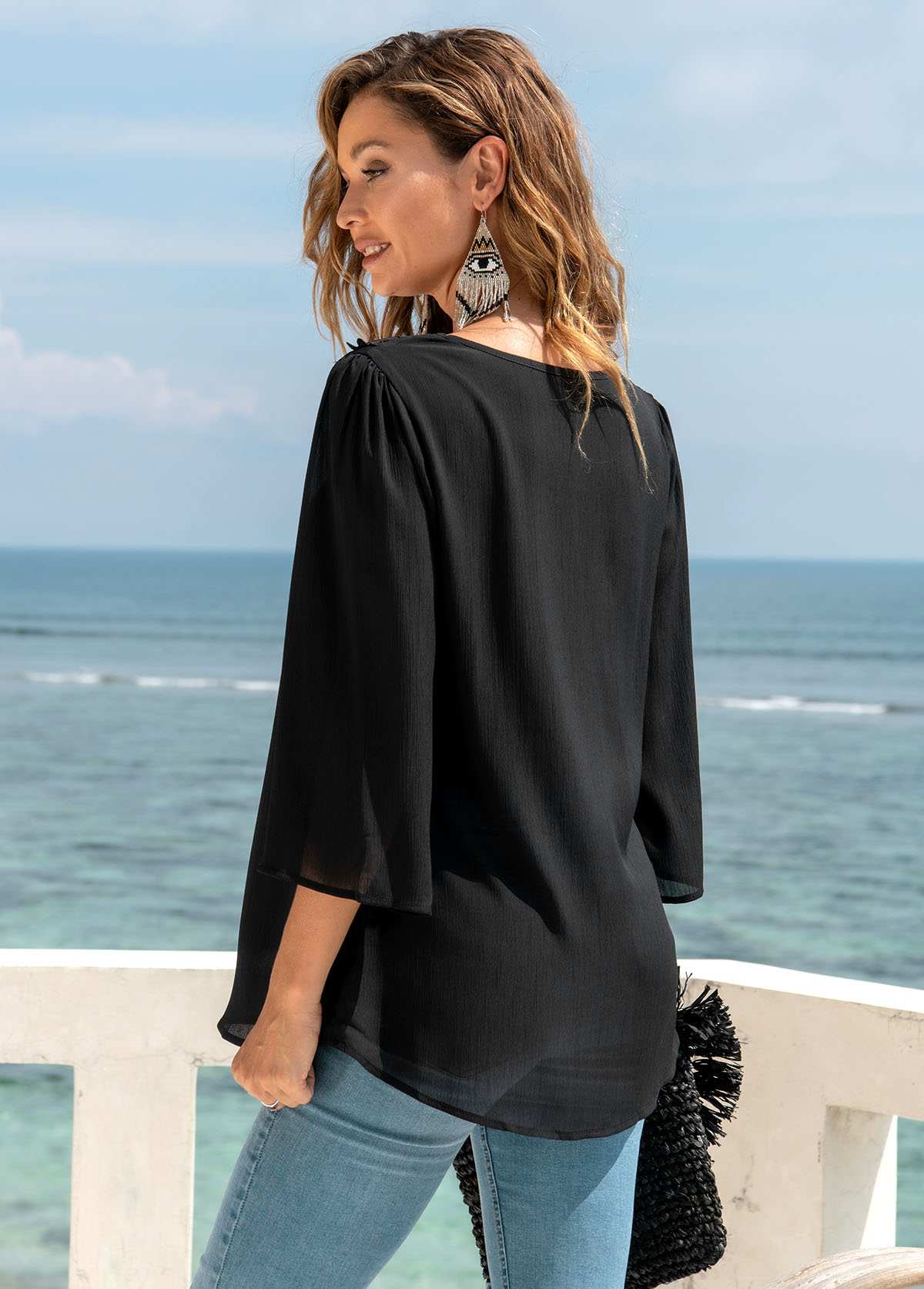 Rotita 3 4 Sleeve Lace Stitching Split Neck Blouse Usd