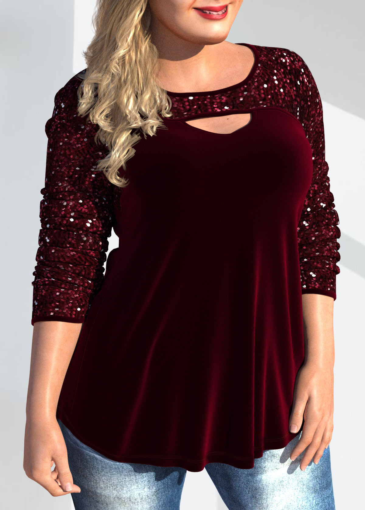 ROTITA Christmas Design Sequin Velvet Stitching Wine Red T Shirt ...