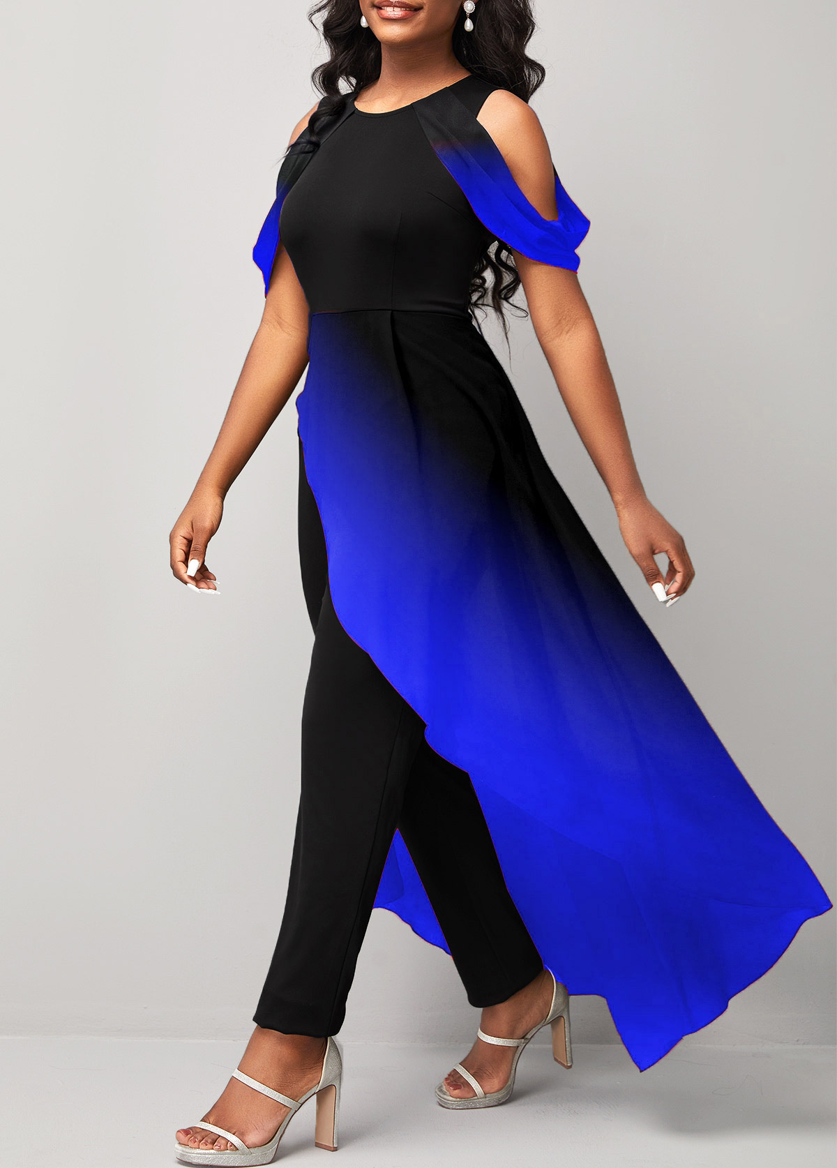 Rotita Mesh Stitching Ombre Asymmetric Hem Royal Blue Jumpsuit Rotita