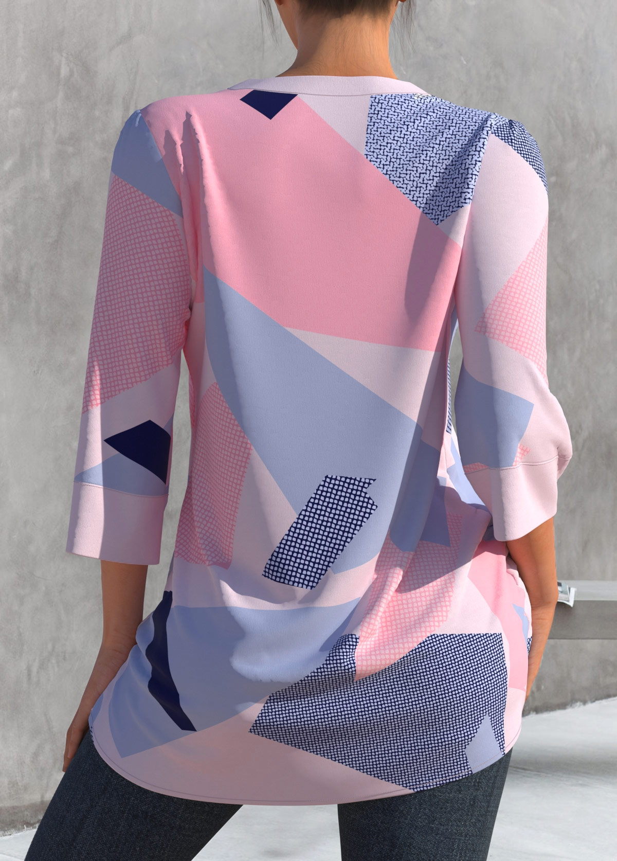 Rotita Geometric Print Light Pink Split Neck Blouse Usd