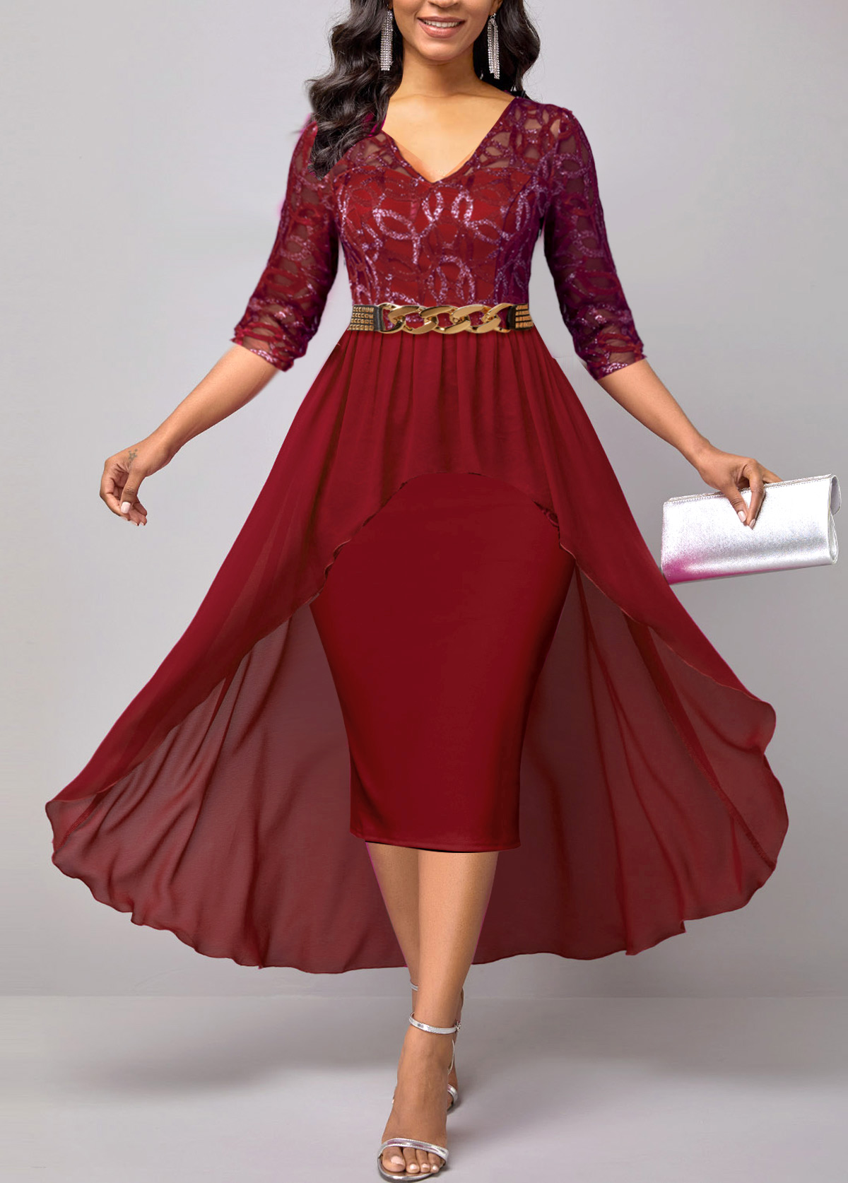 ROTITA Lace Patchwork 3/4 Sleeve Wine Red Dress | Rotita.com - USD $41.98