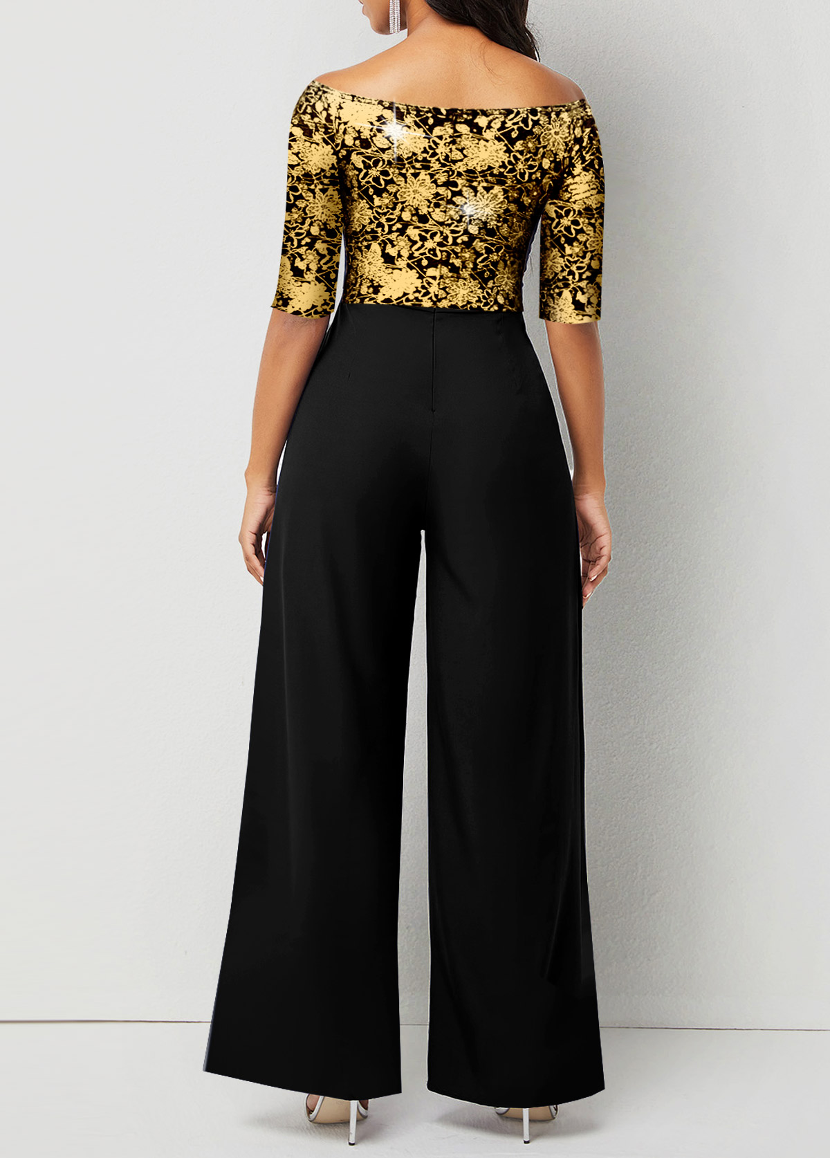 ROTITA Hot Stamping Floral Print Golden Jumpsuit | Rotita.com - USD $36.98