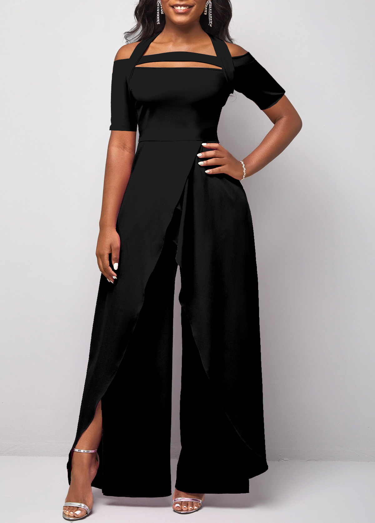 ROTITA Plus Size Cut Out Black Halter Short Sleeve Jumpsuit | Rotita ...