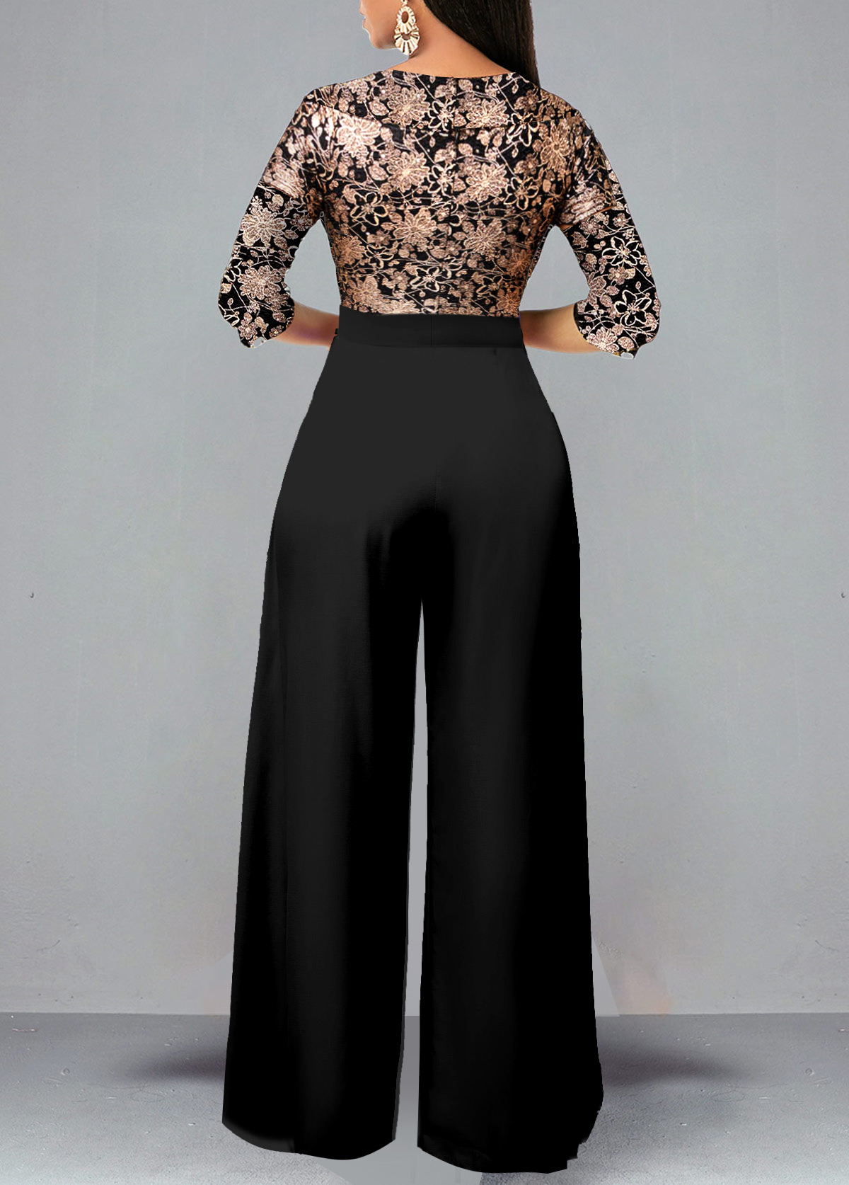 ROTITA Lace Floral Print Black Long Wide Leg Jumpsuit | Rotita.com ...