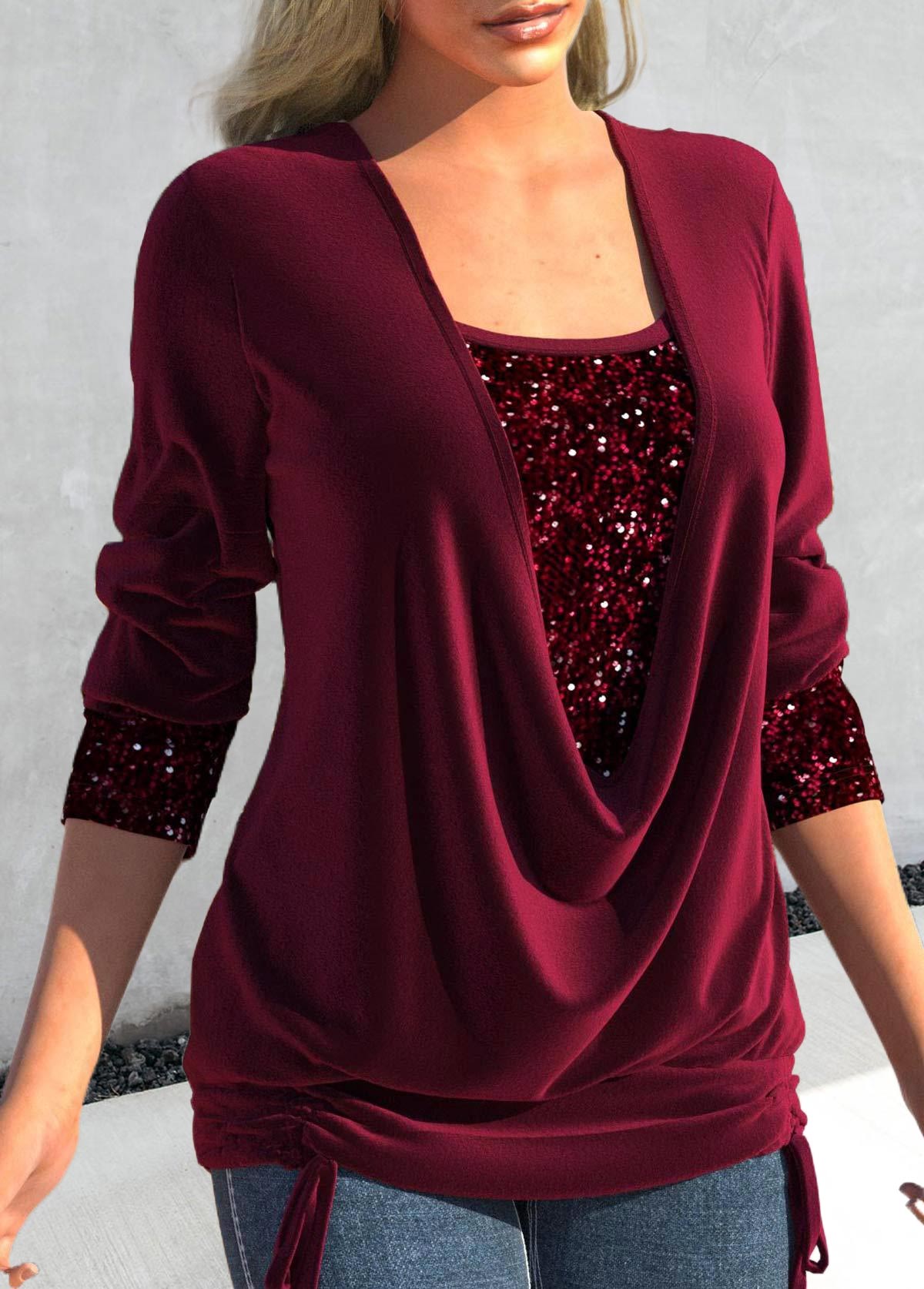 ROTITA Sequin Wine Red Square Neck T Shirt | Rotita.com - USD $35.98