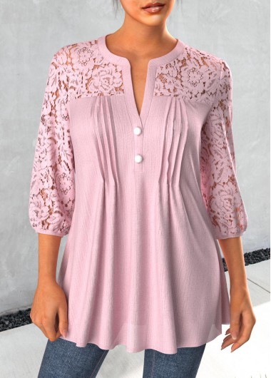 Rotita Tuck Stitch Light Pink Split Neck 3 4 Sleeve Blouse