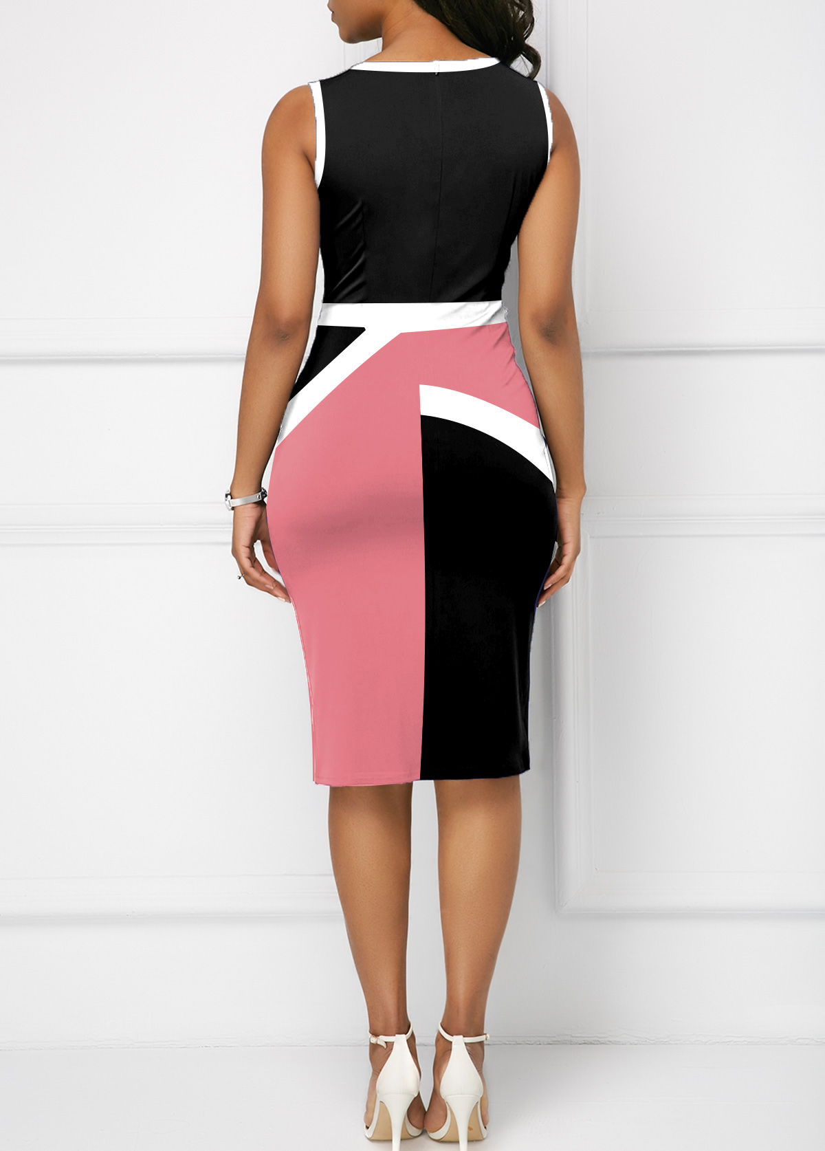Rotita Split Geometric Print Pink Round Neck Bodycon Dress
