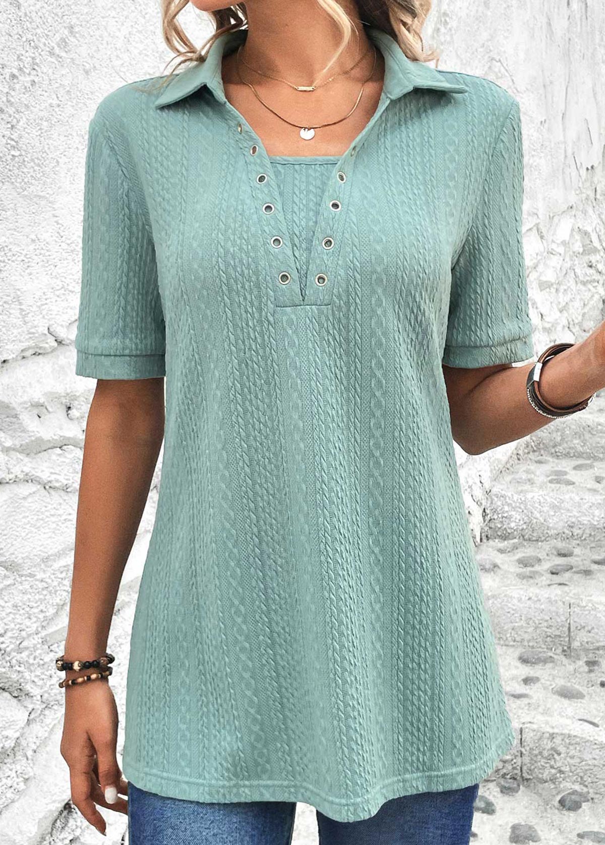 ROTITA Eyelet Mint Green Shirt Collar Short Sleeve Blouse | Rotita.com ...
