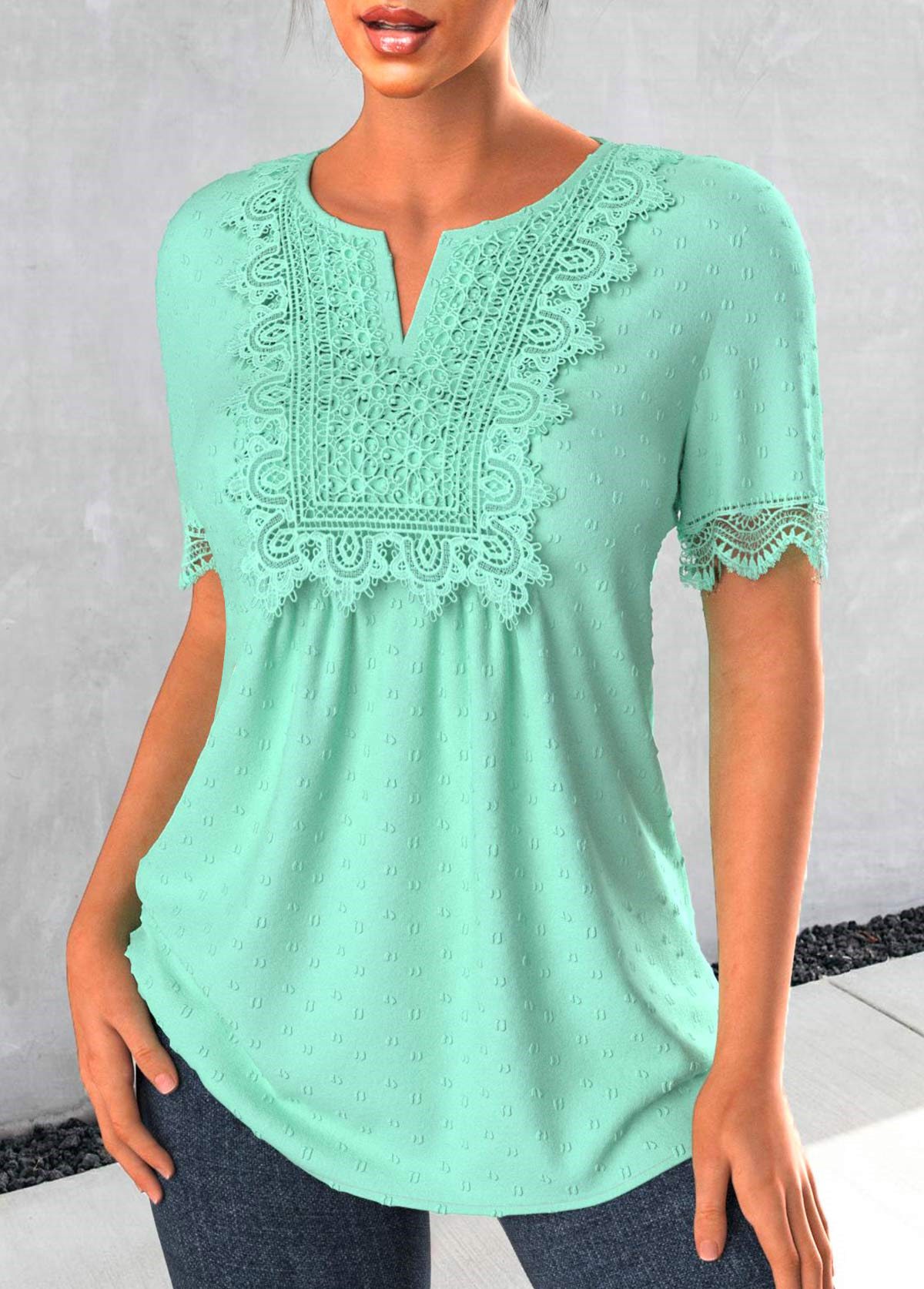Rotita Patchwork Mint Green Split Neck Short Sleeve Blouse