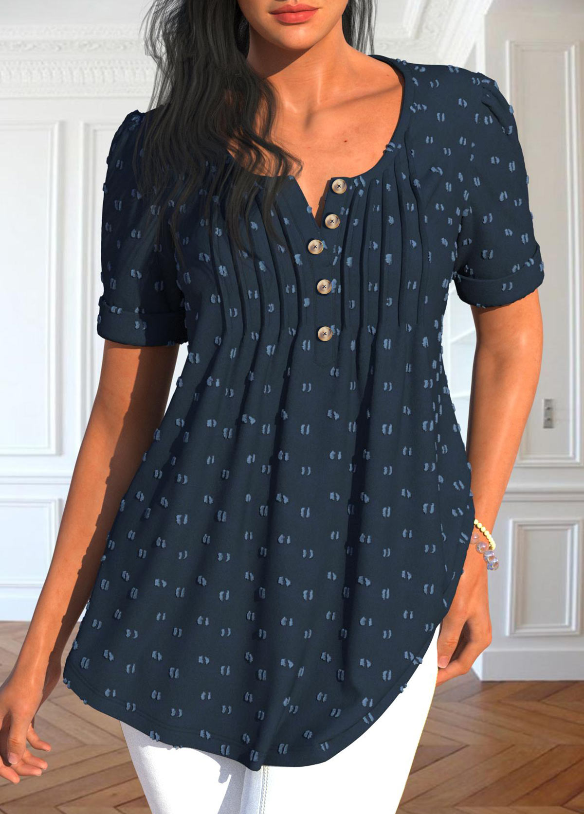 Rotita Tuck Stitch Navy Split Neck Short Sleeve Blouse
