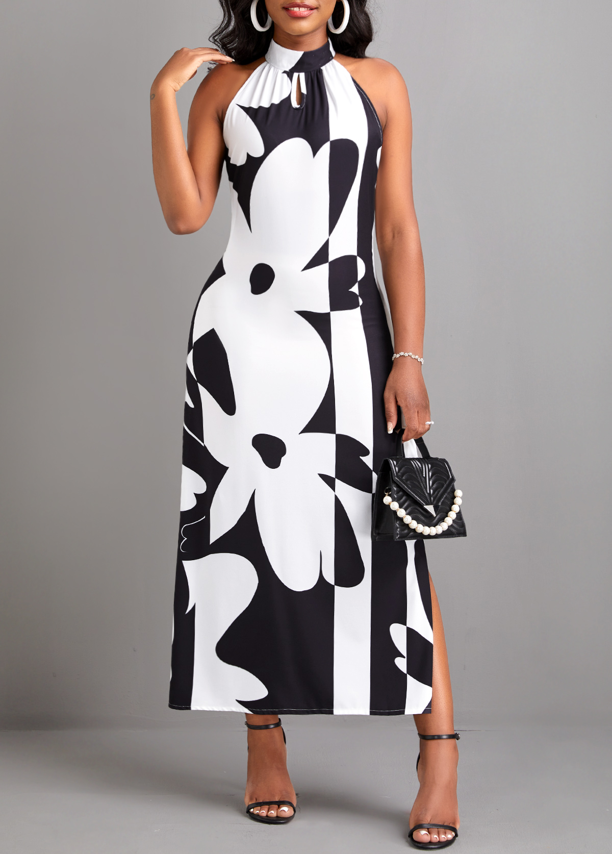 ROTITA Split Floral Print Black A Line Maxi Dress | Rotita.com - USD $28.98