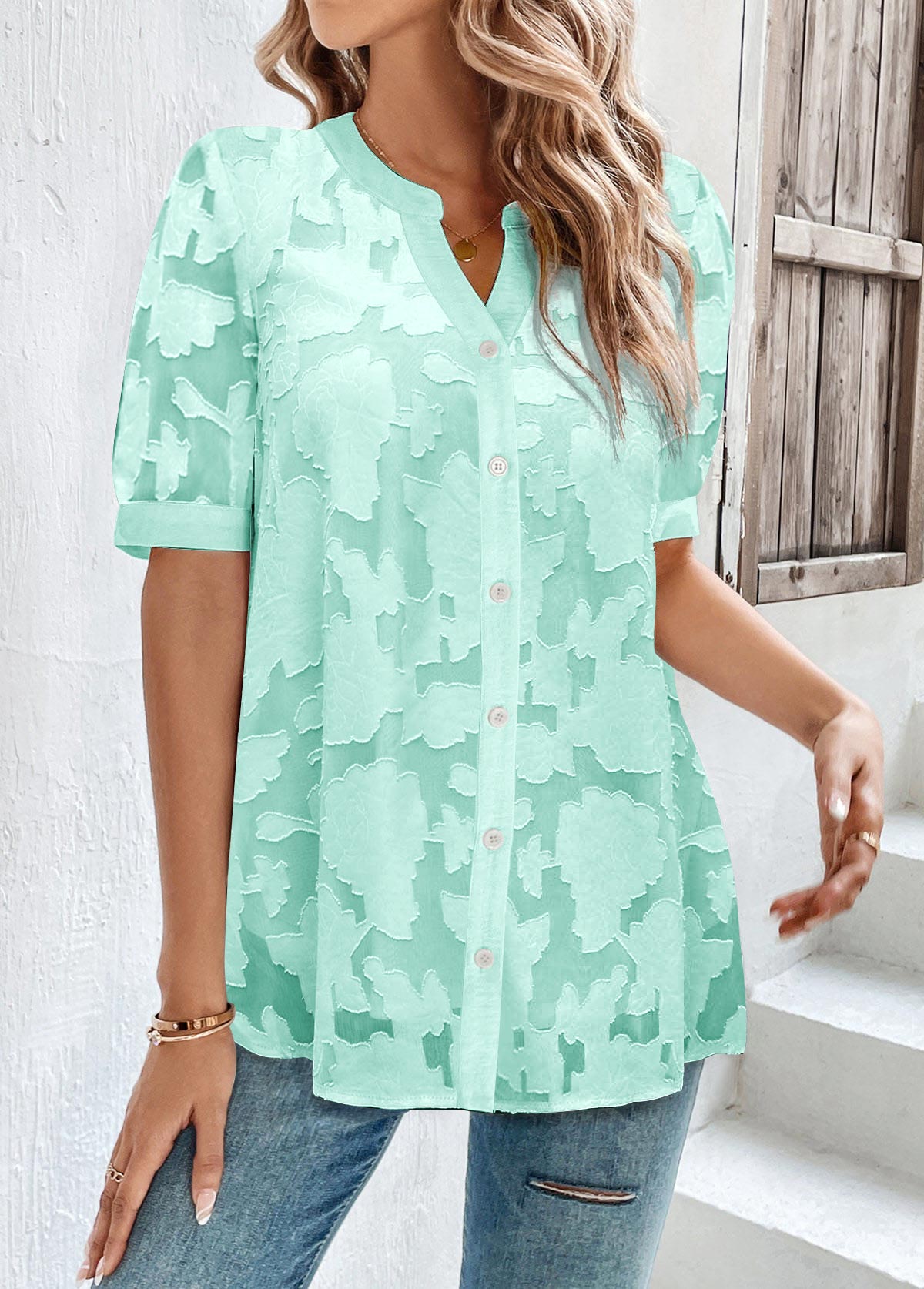 Rotita Button Mint Green Split Neck Short Sleeve Blouse