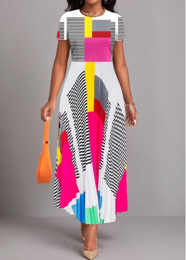 ROTITA Pleated Geometric Print Multi Color Maxi Dress ROTITA Pleated Geometric Print Multi Color Maxi Dress
