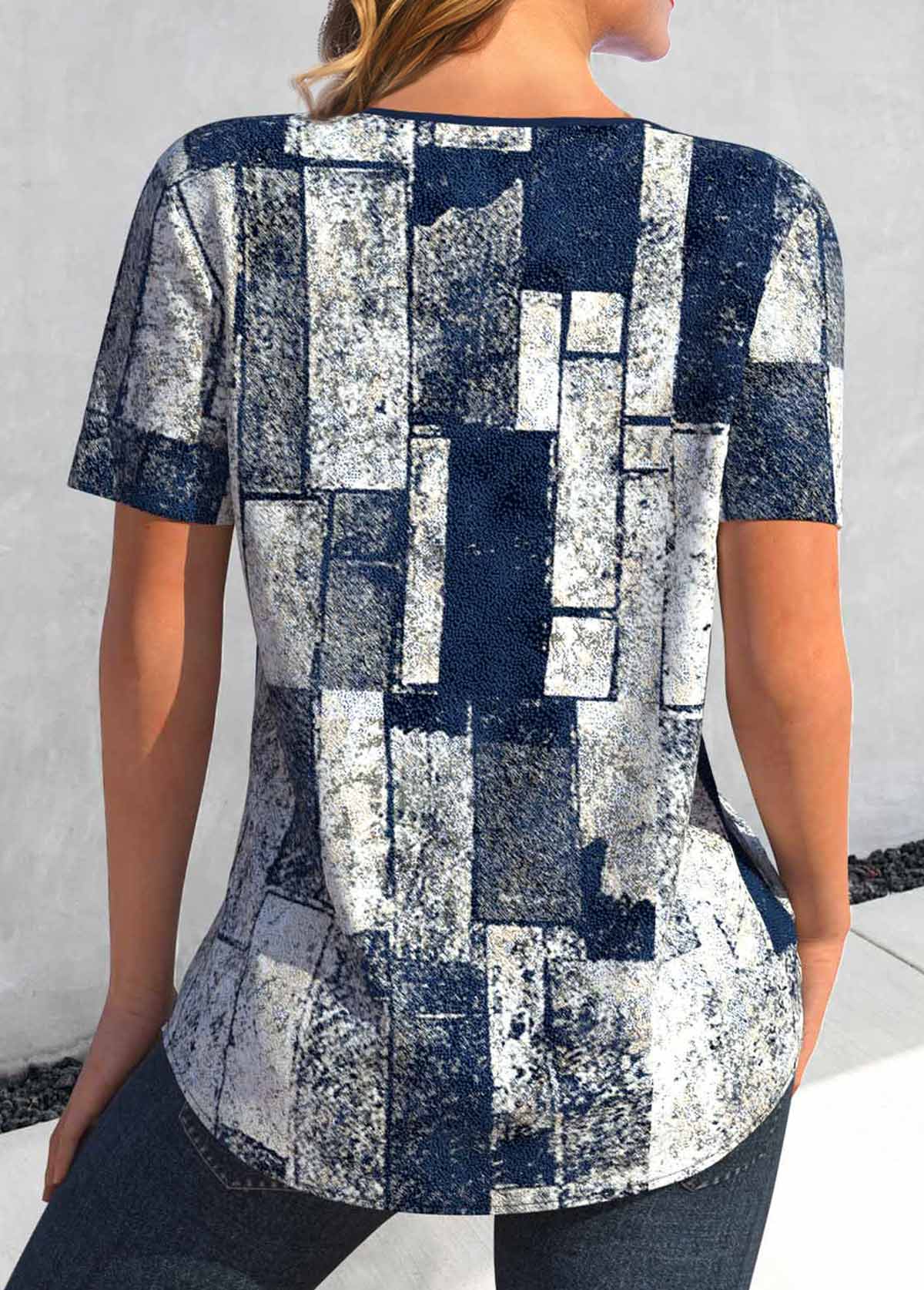 ROTITA Lace Up Geometric Print Navy Short Sleeve Blouse | Rotita.com ...