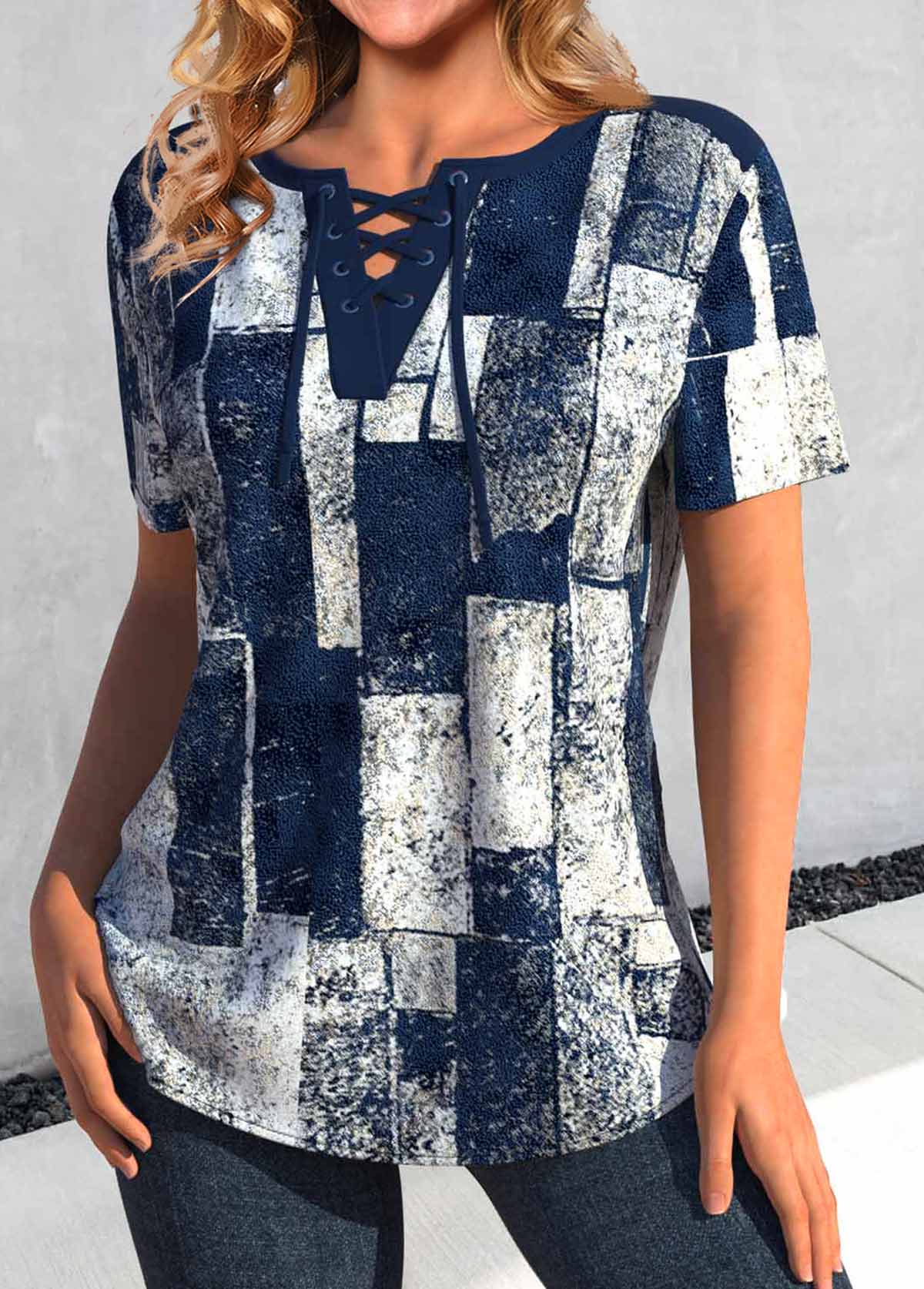 ROTITA Lace Up Geometric Print Navy Short Sleeve Blouse | Rotita.com ...