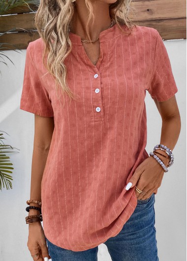 ROTITA Button Striped Coral Split Neck Short Sleeve Blouse