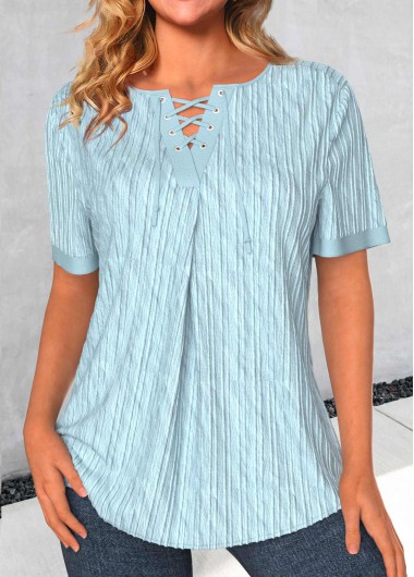 Rotita Lace Up Dusty Blue Short Sleeve Blouse Usd 23 98