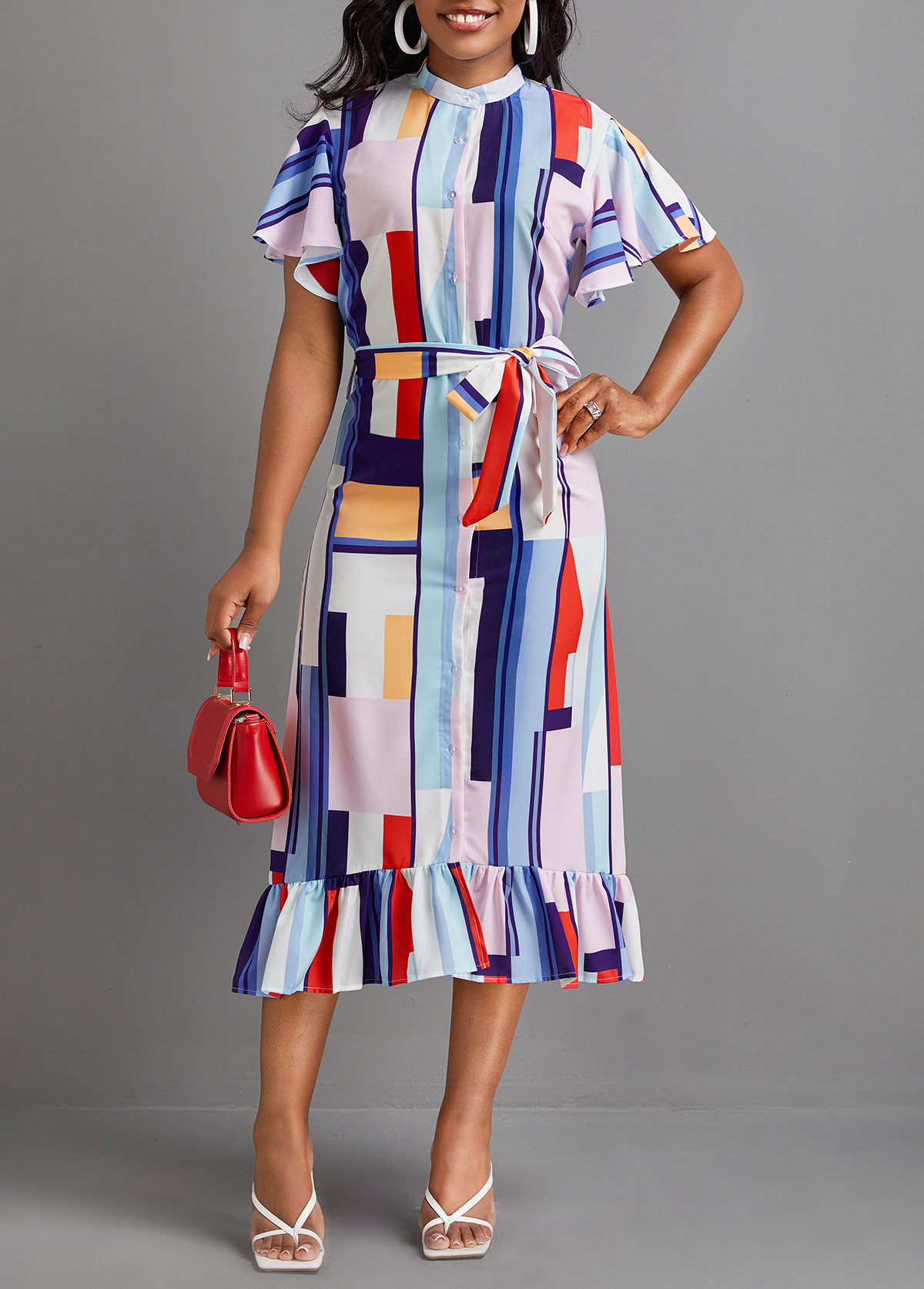 ROTITA Ruffle Geometric Print Multi Color Belted Dress | Rotita.com ... ROTITA Ruffle Geometric Print Multi Color Belted Dress | Rotita.com ...