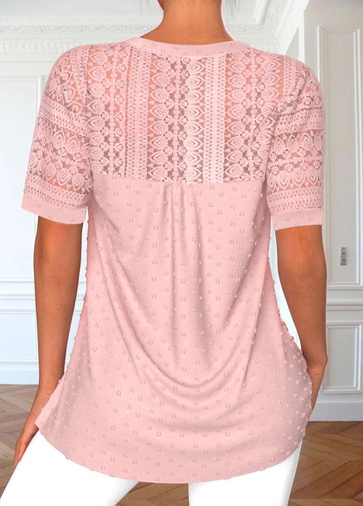 Rotita Lace Pink Split Neck Short Sleeve Blouse Usd 32 98