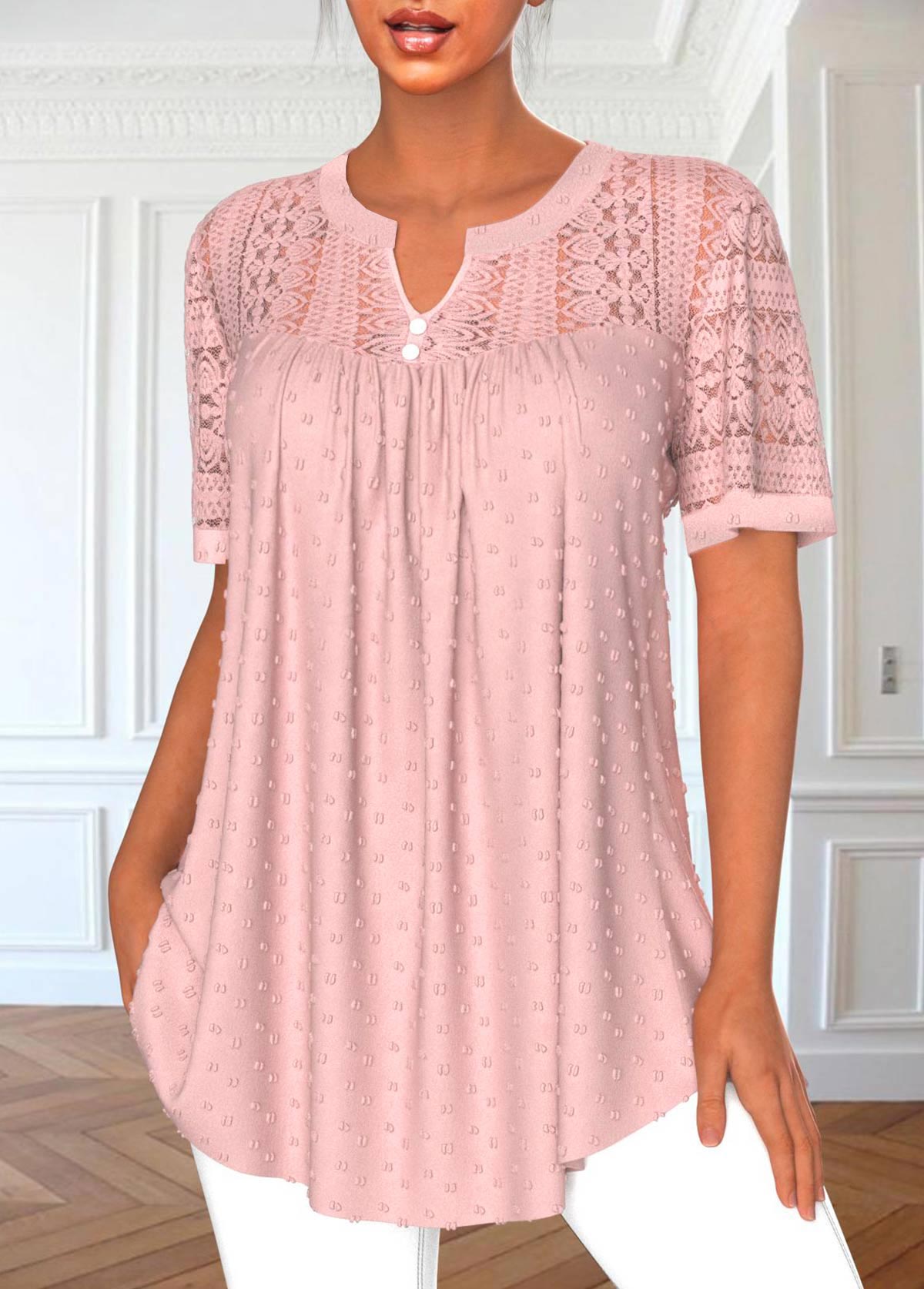 Rotita Lace Pink Split Neck Short Sleeve Blouse Usd 32 98