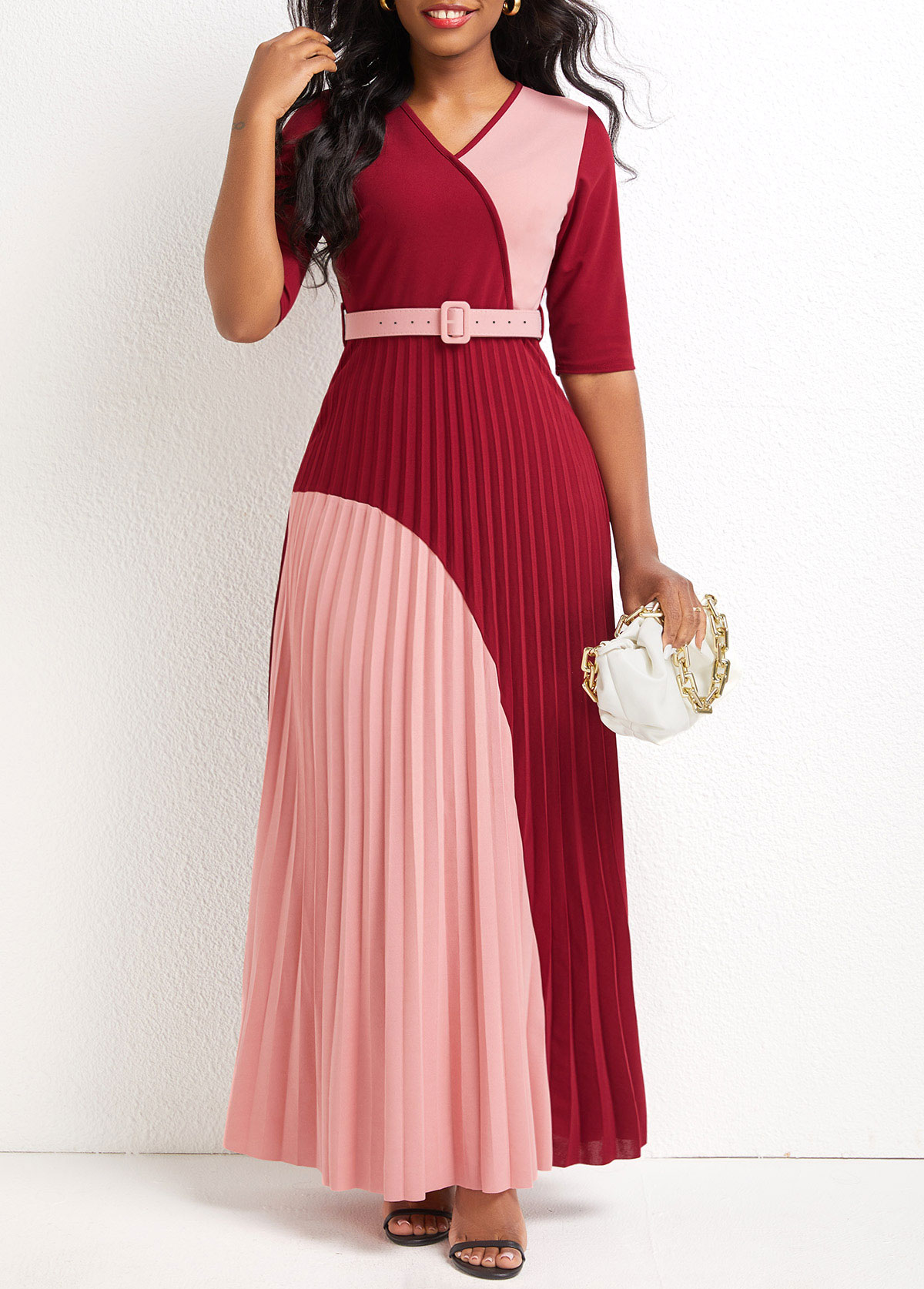 ROTITA Pleated Deep Red Belted V Neck Maxi Dress | Rotita.com - USD $35.98