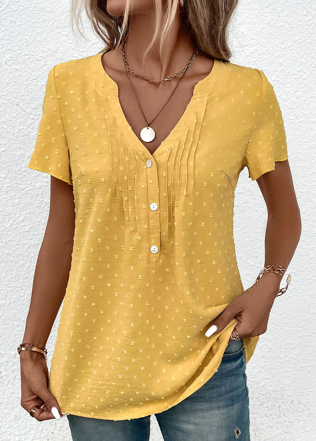 Rotita Jacquard Light Yellow V Neck Short Sleeve Blouse
