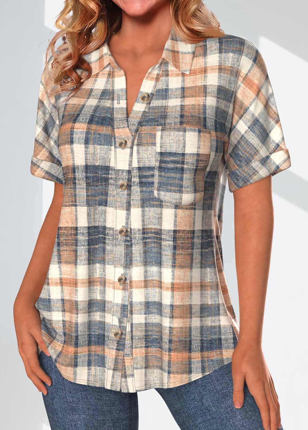 ROTITA Button Plaid Multi Color Shirt Collar Blouse | Rotita.com - USD ...