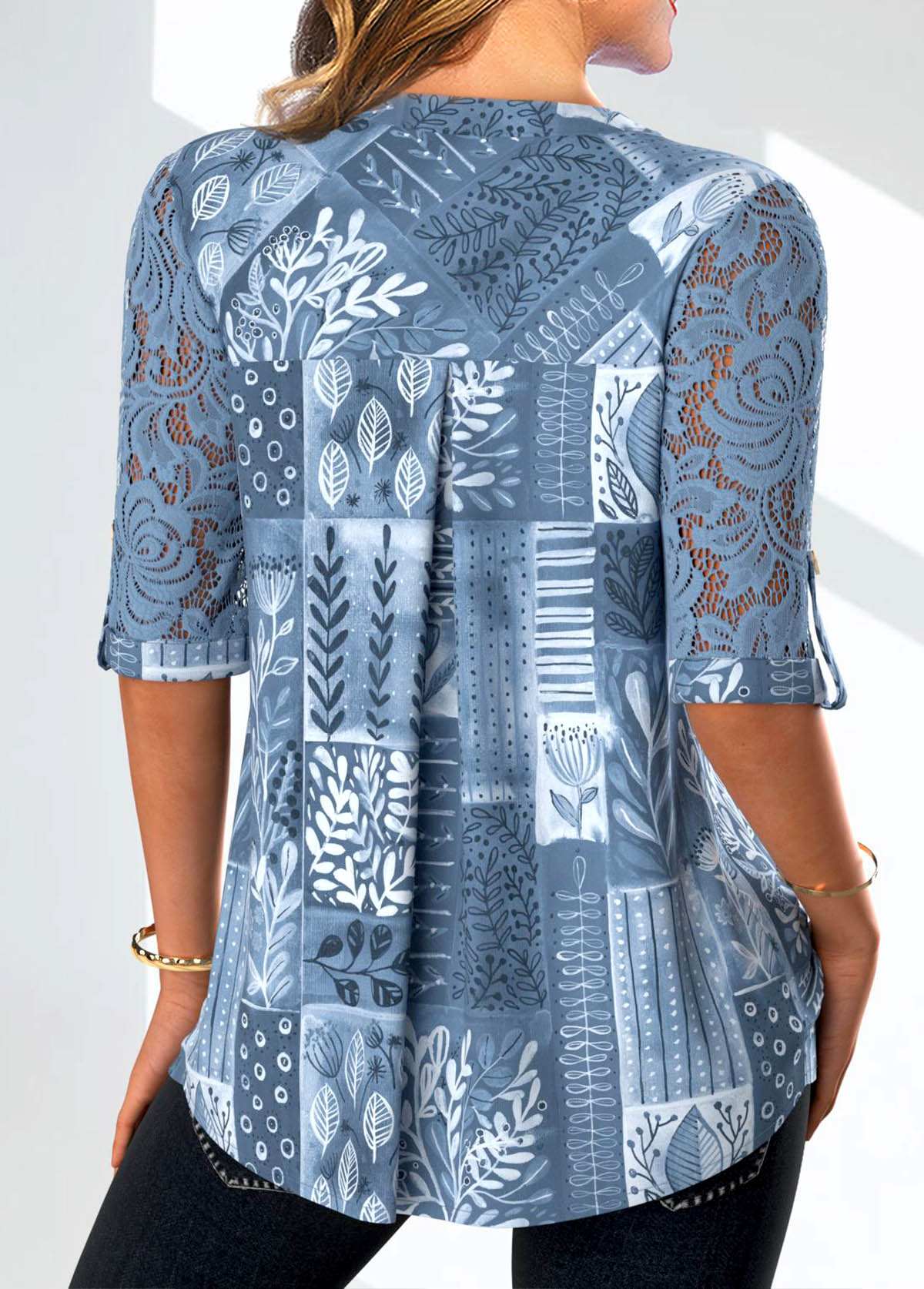 Rotita Lace Leaf Print Denim Blue Split Neck Blouse Usd