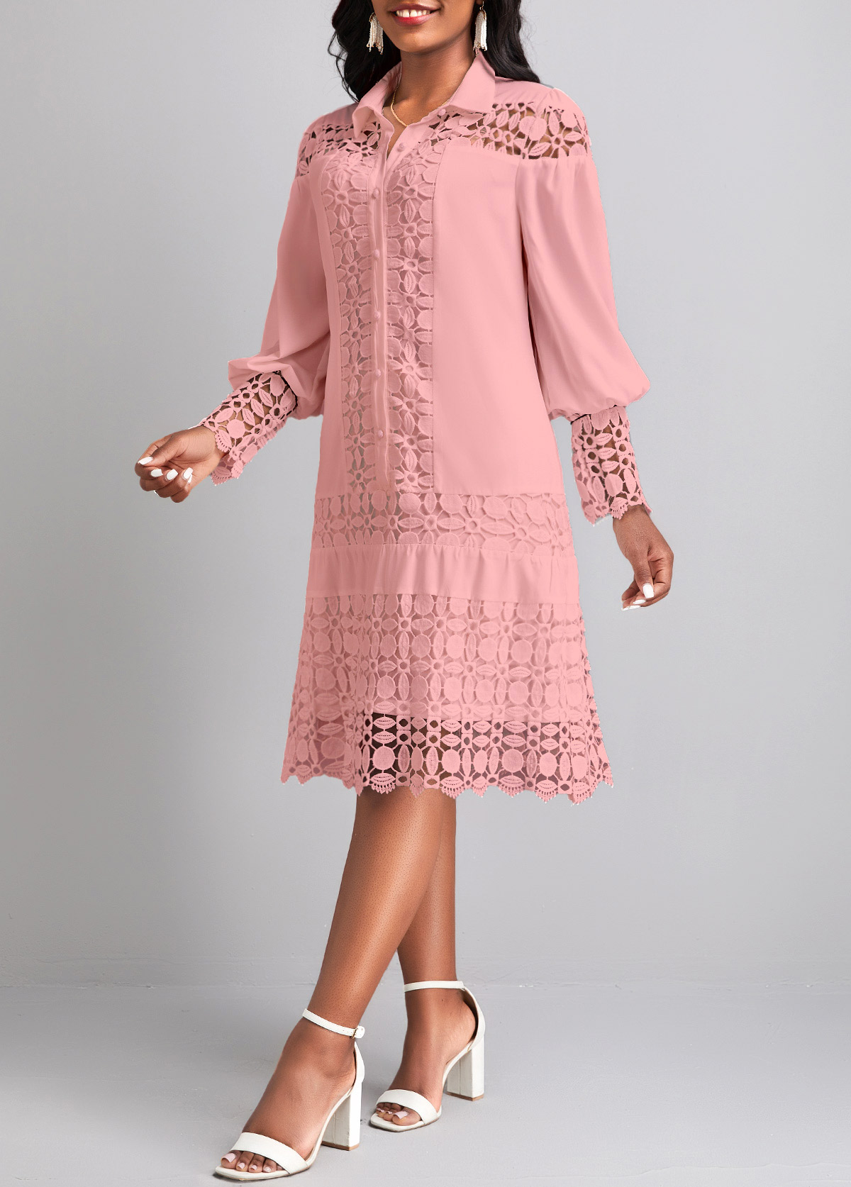 Rotita Lace Light Pink Shirt Collar Long Sleeve Shift Dress Rotita