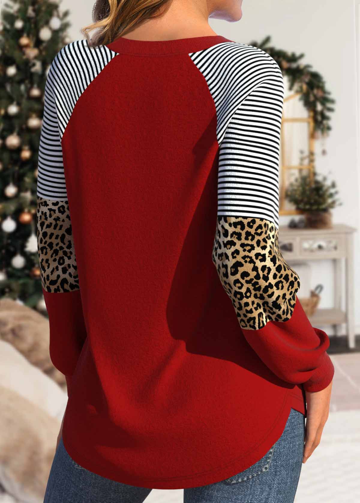 Rotita Patchwork Christmas Tree Print Red Round Neck T Shirt Rotita