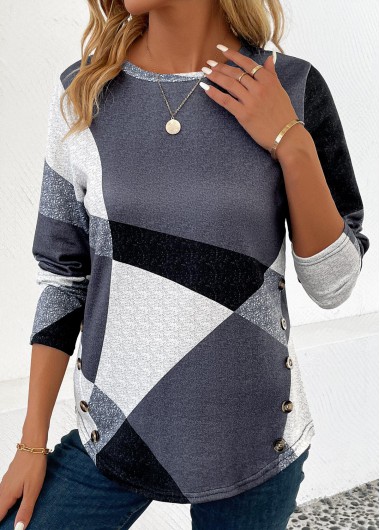 Button Geometric Print Dark Grey Round Neck T Shirt | Rotita.com - USD $33.98
