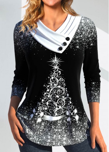 ROTITA Christmas Print Black Asymmetrical Neck Long Sleeve T Shirt ...